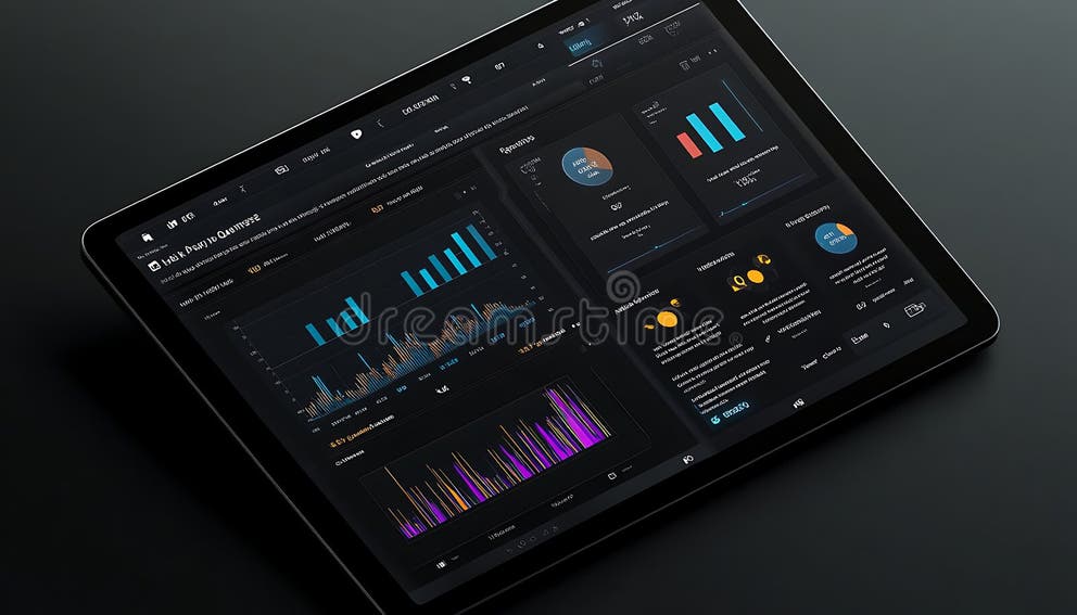 A Tablet Displays Dark Themed Data Visualization Graphs and Charts on Screen Stock Illustration ...