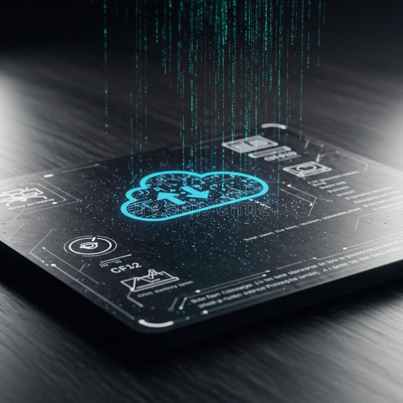 A Tablet Displays a Digital Interface Featuring a Prominent Blue Cloud ...