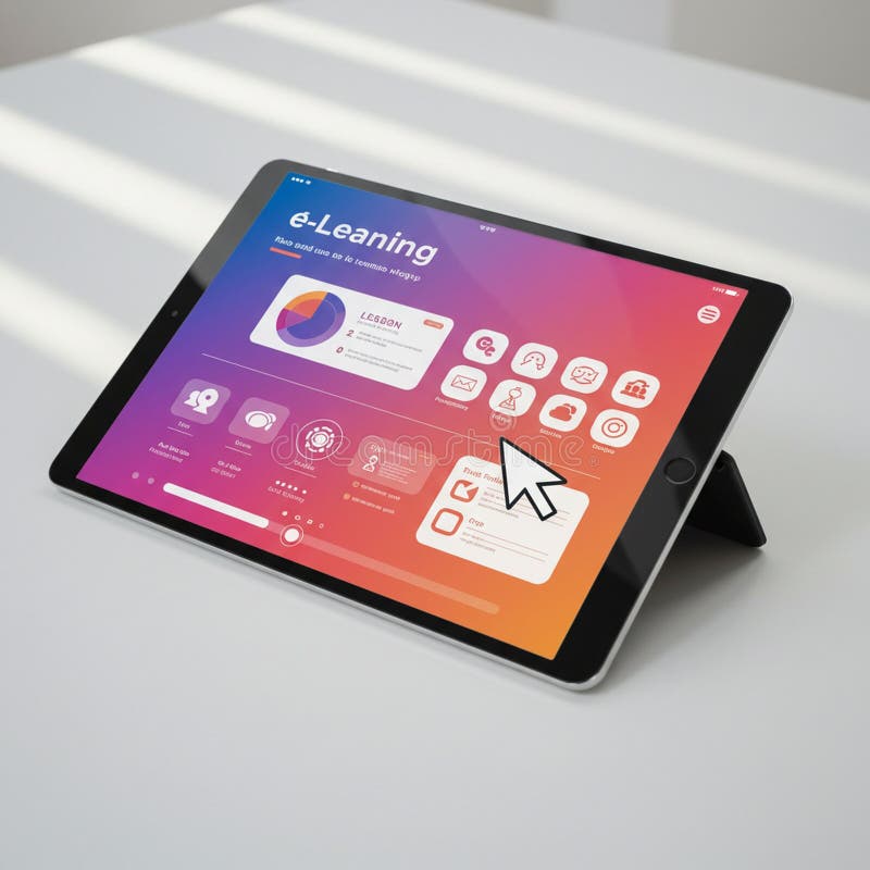 A Tablet Displays an E-learning Interface with Colorful Graphics. the ...