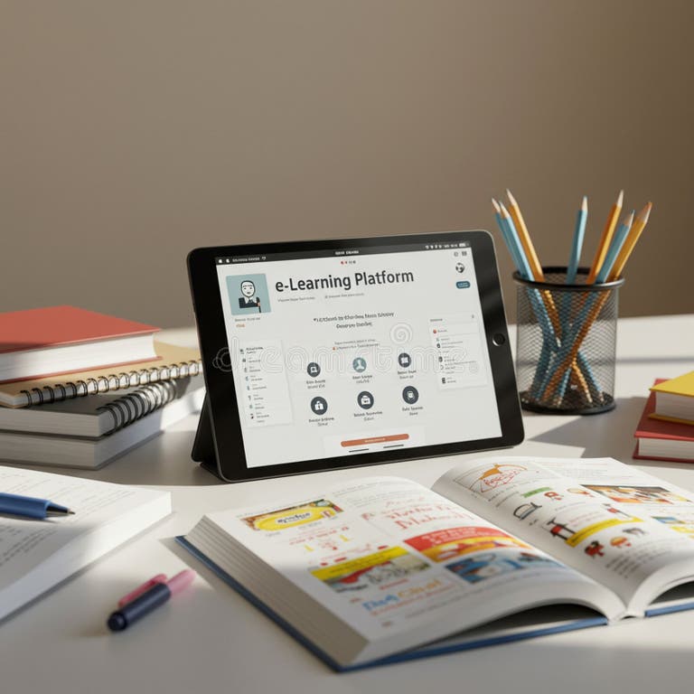 A Tablet Displays an E-learning Platform Interface on a Desk ...