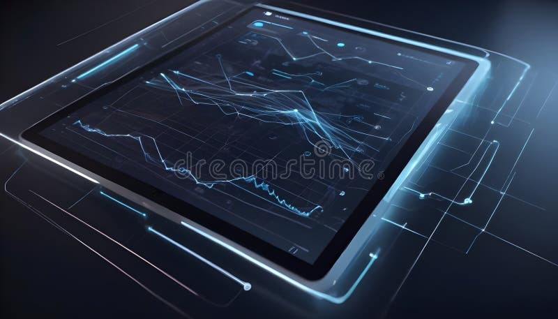 A Tablet Displays a Futuristic Interface Showing Data Graphs and Charts ...
