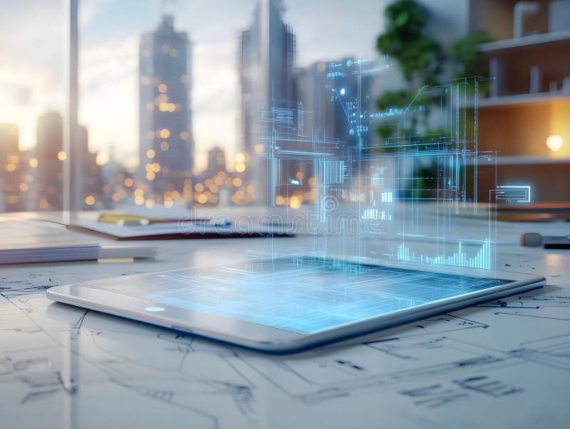 A Tablet Displays Holographic Architecture Blueprints in a Modern ...