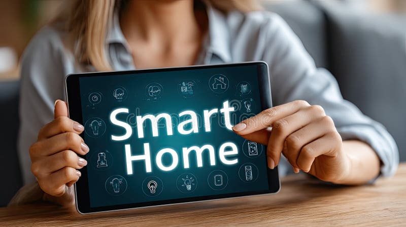 Tablet Displays Smart Home Interface Where a Woman Controls Lights and ...