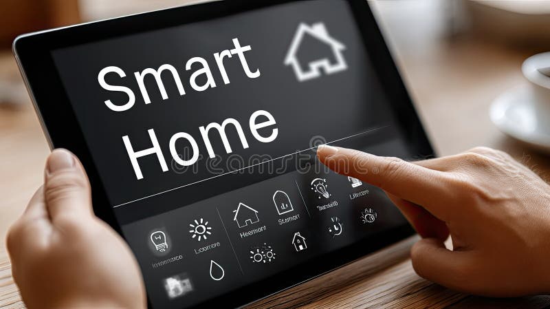 Tablet Displays Smart Home Interface Where a Woman Controls Lights and ...