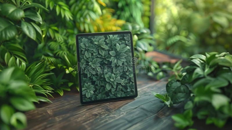 Digital Tablet Blending with Lush Greenery on a Wooden Surface Stock ...