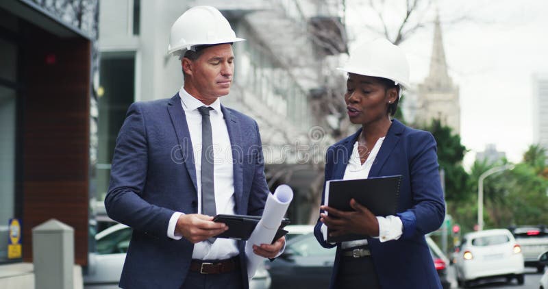 Tablet, Documents and Teamwork of Architects in City for Planning or ...