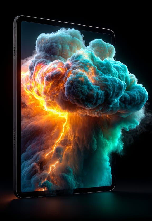 Tablet with Dramatic Light and Cloud Effects in SciFi Style Over Dark ...