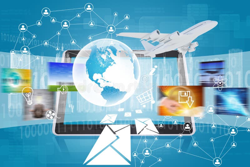 Tablet with Earth and jet stock image. Image of tablet - 58711047