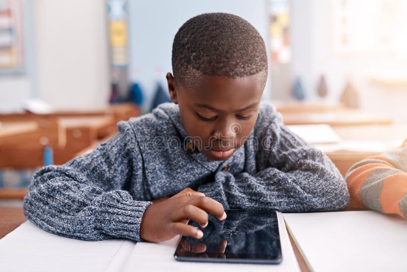 Tablet, Education and Kid with Books in Classroom for Online Learning ...