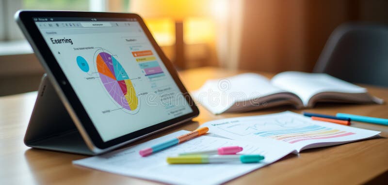 Tablet with Educational Chart and Open Notebooks Stock Illustration ...