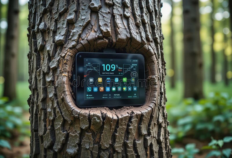Tablet Embedded in Tree Trunk in a Serene Forest Displaying Temperature ...