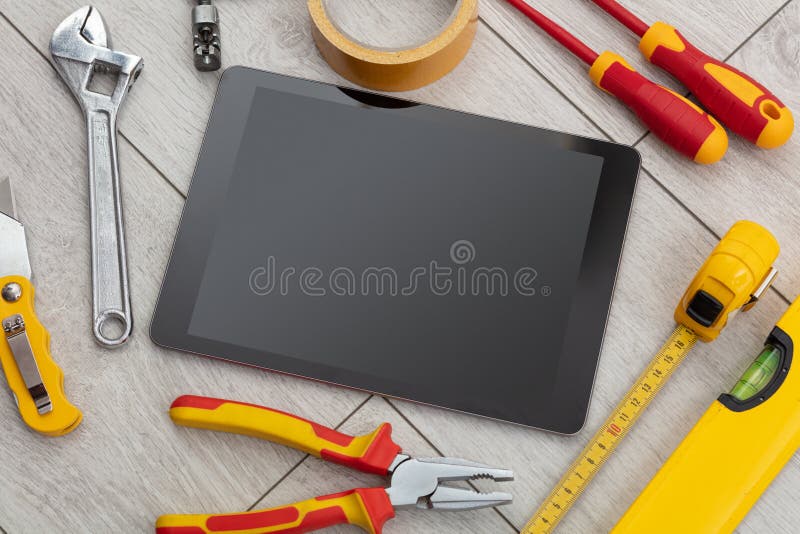 Household Tools and Tablet with Empty Screen Stock Photo - Image of ...