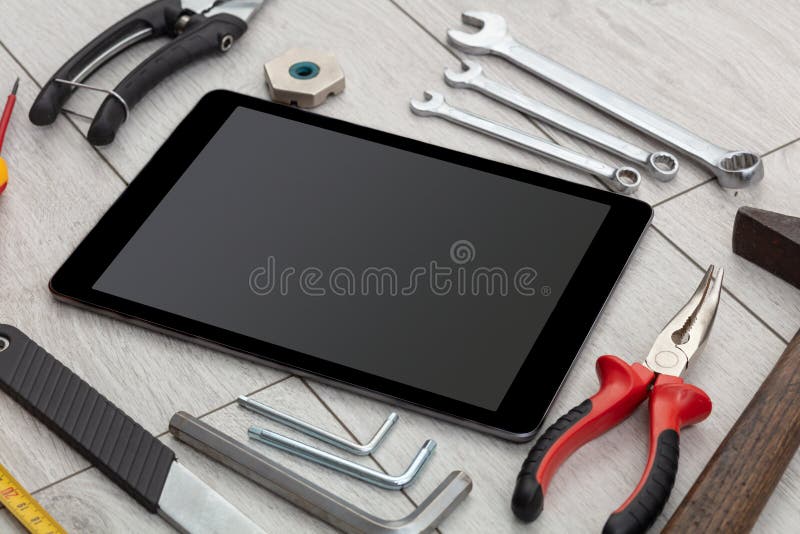 Household Tools and Tablet with Empty Screen Stock Image - Image of ...