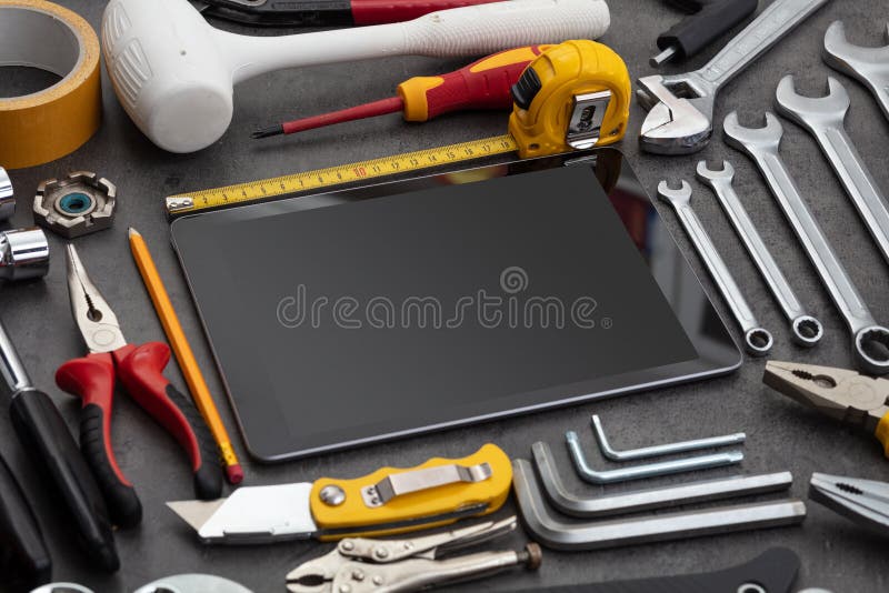 Household Tools and Tablet with Empty Screen Stock Photo - Image of ...