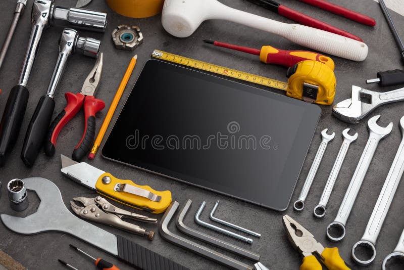 Household Tools and Tablet with Empty Screen Stock Image - Image of ...