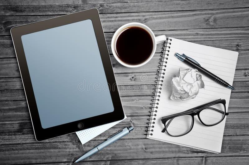 Tablet Empty Screen with Notepad Stock Image - Image of eyeglasses ...