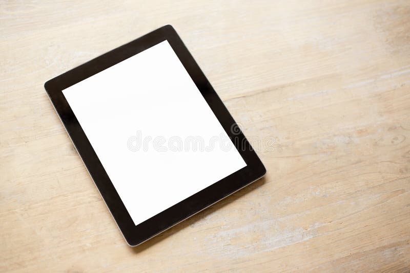 Tablet with Empty White Screen on Wooden Table Stock Image - Image of ...
