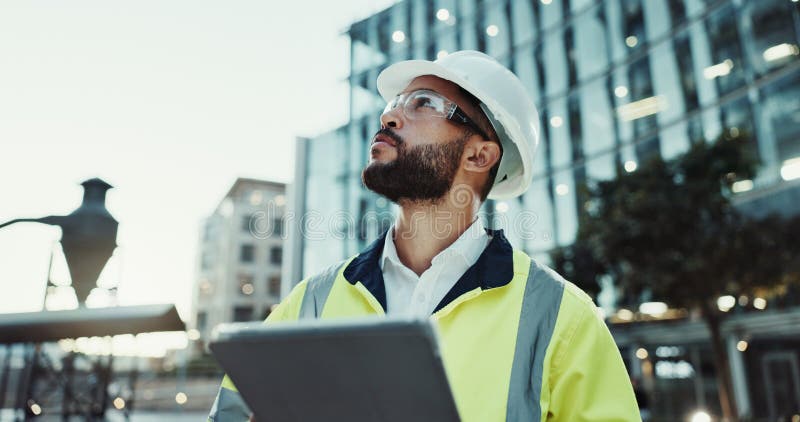 Tablet, Engineer Thinking and Man in City for Building, Planning and ...