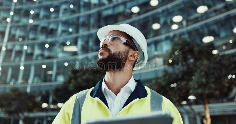 Tablet, Engineer Thinking and Man in City for Construction, Planning ...