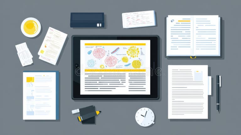 Animated Biology Class Displayed on Tablet with Notes and Books ...