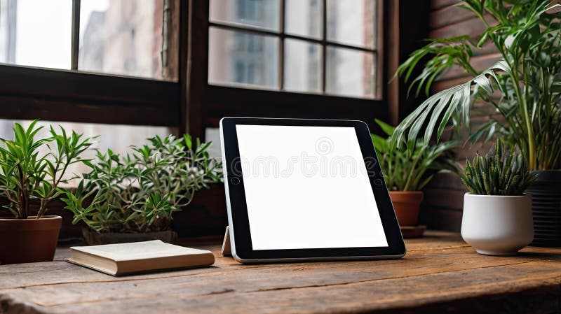 A Tablet with a Blank Screen Resting on a Wooden Table Stock Image ...