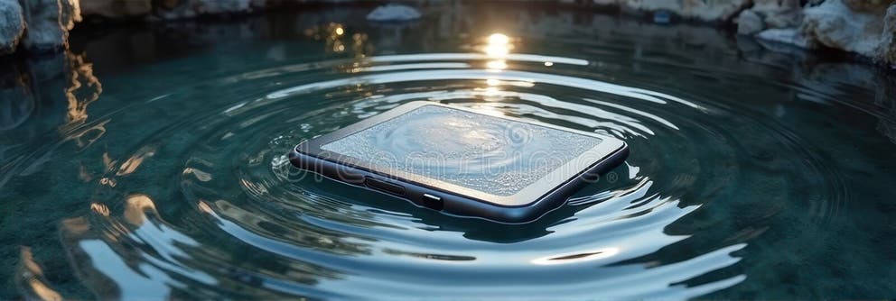 Tablet Floating on Water Surface Creating Circular Ripples at Sunset ...