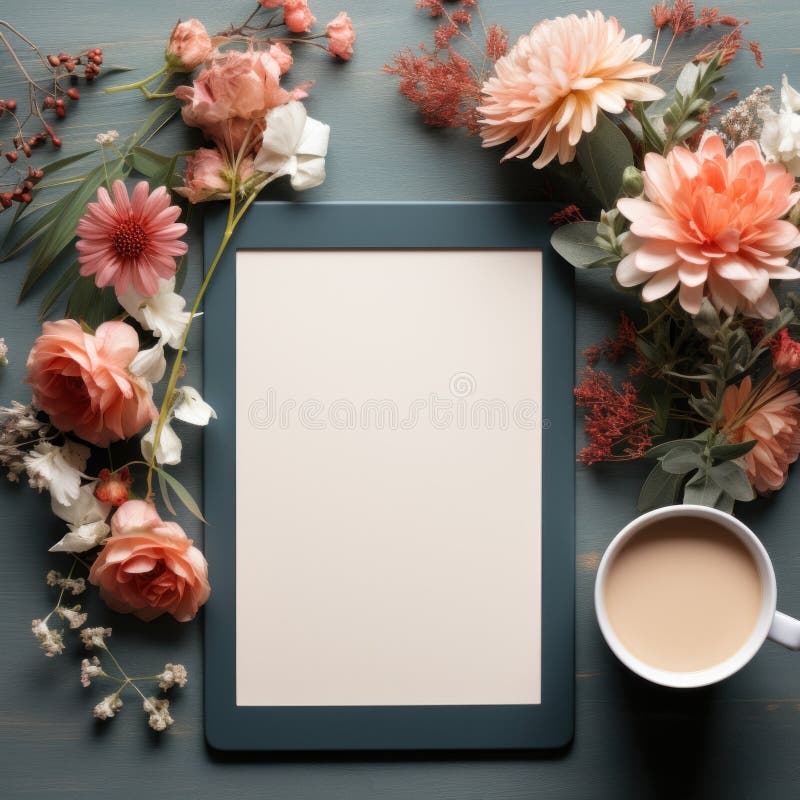 Tablet with Flowers in the Circle Mockup Stock Image - Image of copy ...