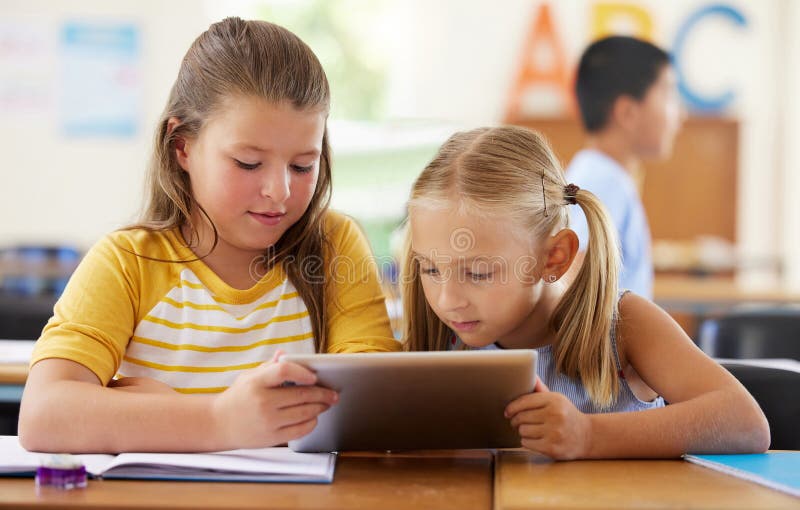 Tablet, Friends and Girls in Classroom for Education, Elearning and ...