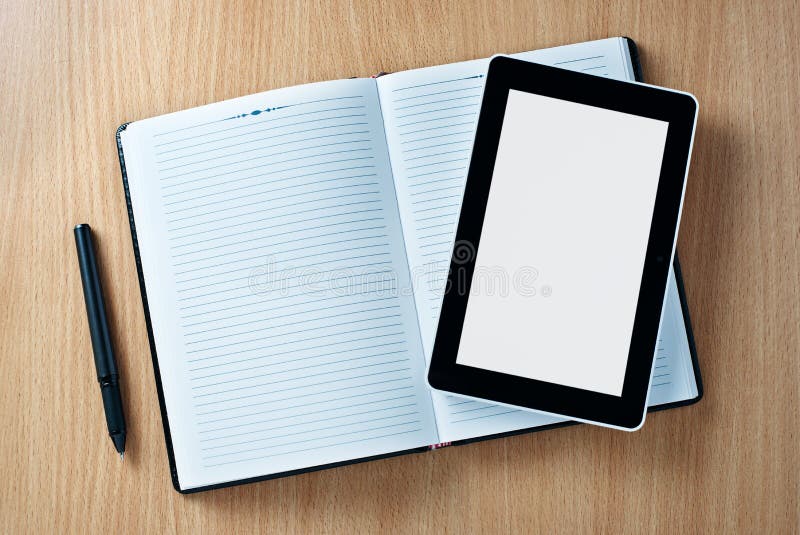 Tablet Gadget Above Notebook with Pen on Table Stock Photo - Image of ...