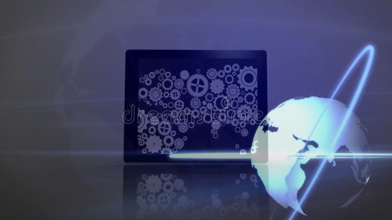 Tablet with Gears and Cogs Animation Over Rotating Globe and Digital ...