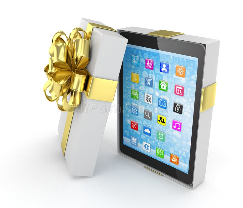 Tablet in Gift Box. 3D Rendering. Stock Illustration - Illustration of ...