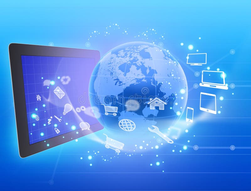 Tablet and Globe with Spinning Around Icons. Stock Illustration ...