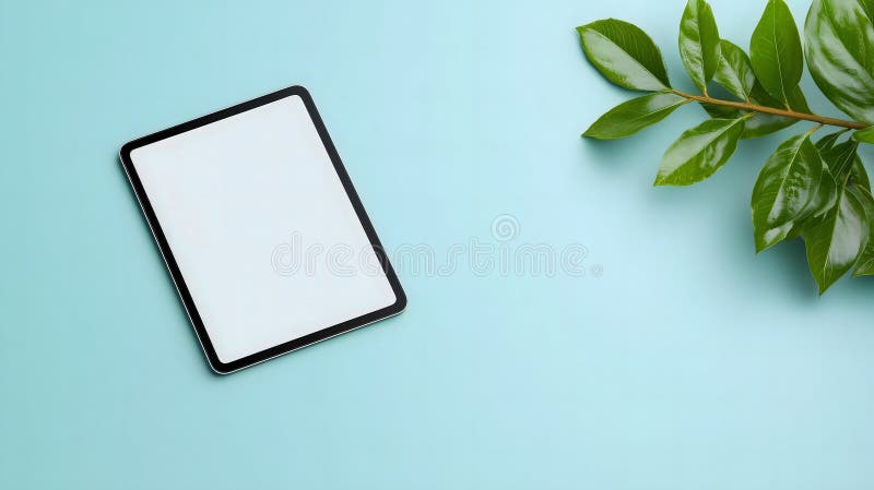 Tablet and Green Leaves on a Blue Background Stock Illustration ...