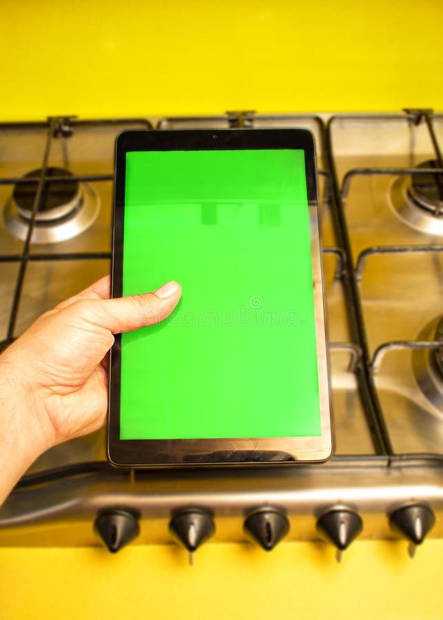 Tablet with Green Screen Fastened with Two Hands on White Background ...