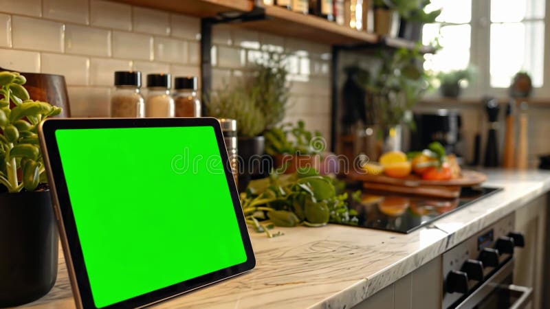 A Tablet with a Green Screen Sits on the Kitchen Counter Filled with ...