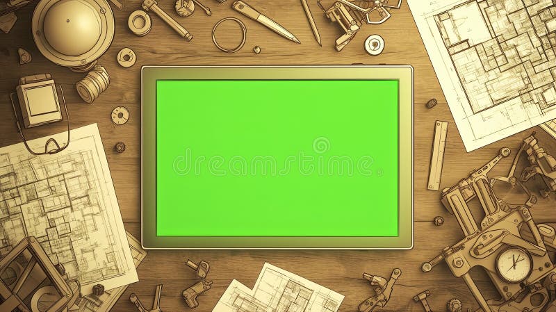 Tablet with Green Screen Surrounded by Architectural Tools and ...