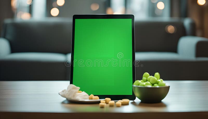 Tablet with Green Screen on a Table Stock Illustration - Illustration ...
