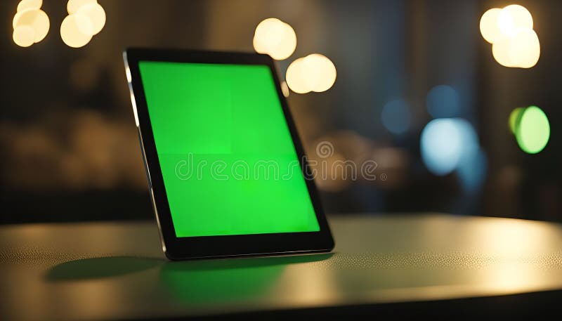 Tablet with Green Screen on Table in Dimly Lit Interior Stock ...