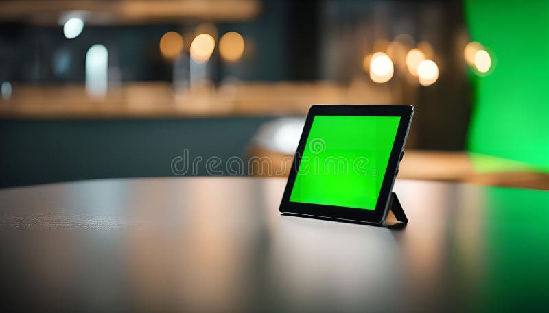 Tablet with Green Screen on Table in Modern Restaurant Stock Image ...