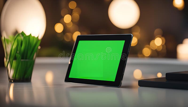 Tablet with Green Screen on a Table with Warm Lights Stock Photo ...