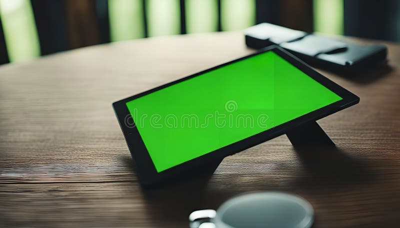 Tablet with Green Screen on Wooden Table Stock Illustration ...