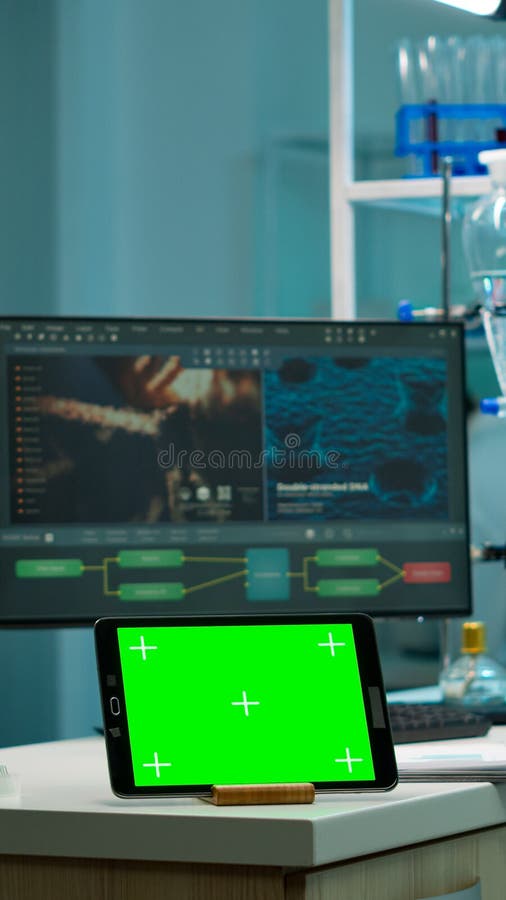 Chemists Testing Virus Evolution with Green Screen Tablet in Front on ...