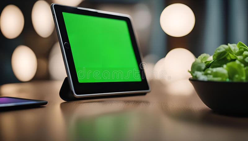 Tablet with Greenscreen and Salad on Table Stock Illustration ...