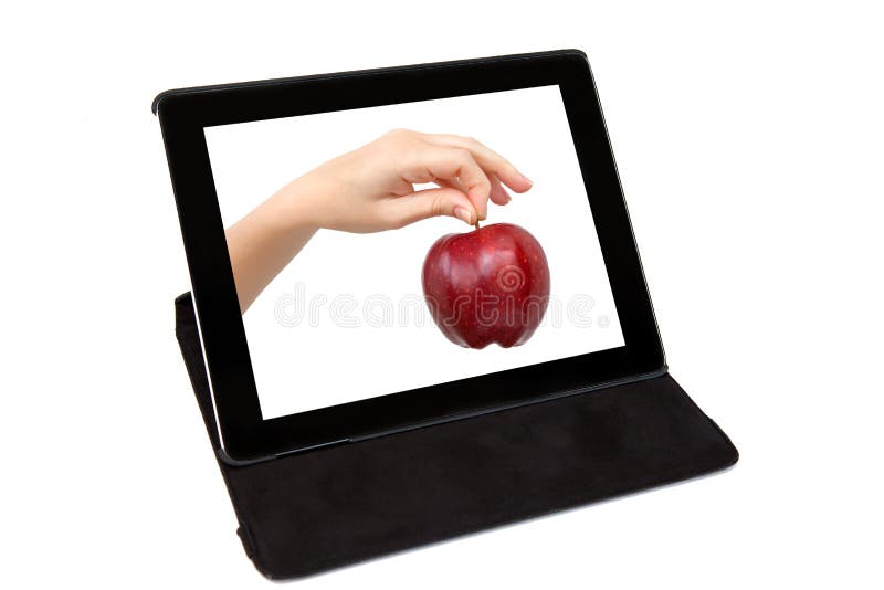 Tablet with the Hand and a Red Apple the Screen Stock Photo - Image of ...