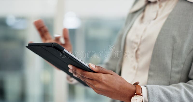 Tablet, Hands and Business Person in Office with Networking, Web and ...