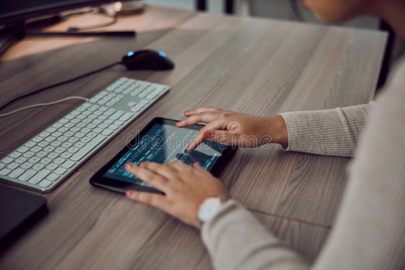 Tablet Hands And Programmer Screen For Coding Or Programming On Desk In Office Information
