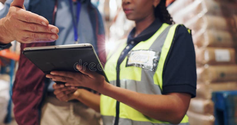 Tablet, Hands and Team Work in Logistics Warehouse for Package ...