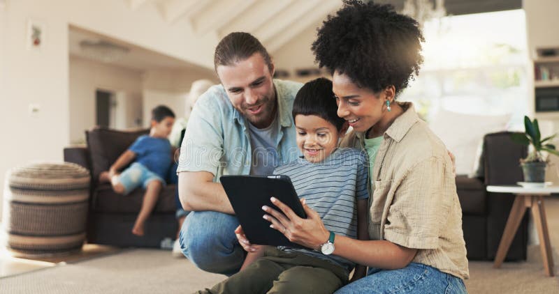 Tablet, Home and Happy Family Parents, Kid or People Working on E ...