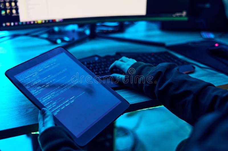 Tablet Html Screen And Programmer Hands With Coding Software System For Cyber Security Or