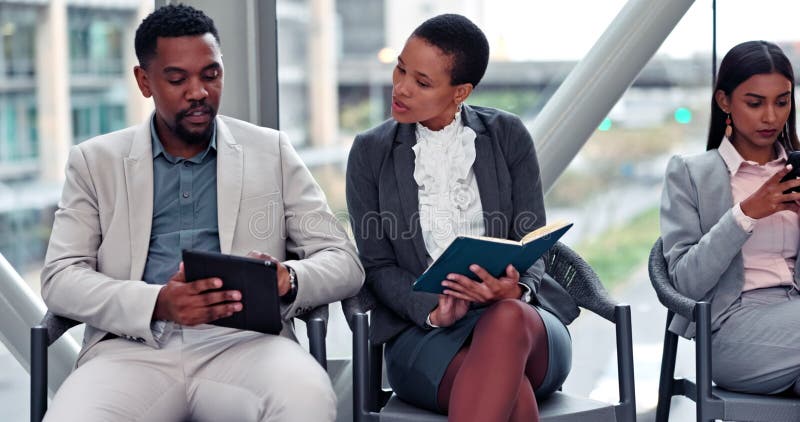 Tablet, Interview and Business People in a Waiting Room Talking about ...